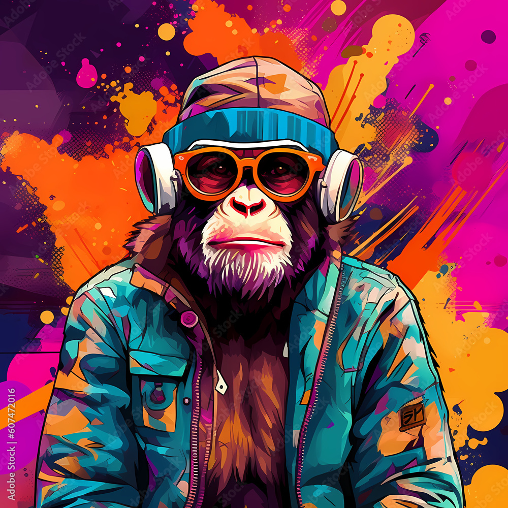Colorful abstract digital art image depicting a monkey dressed like a ...