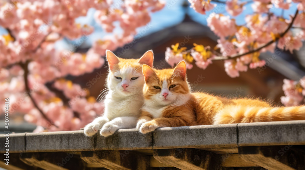 Cute cats in Japan on a cherry blossom background. Cute cats are ...
