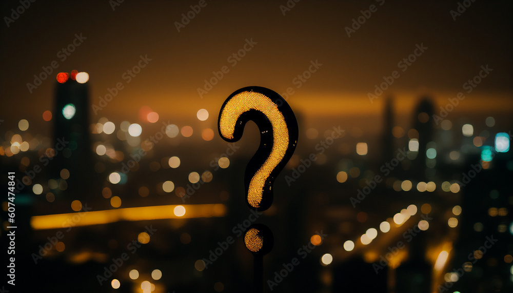 Pixelated glitter yellow question mark, beautiful blurry city lights ...