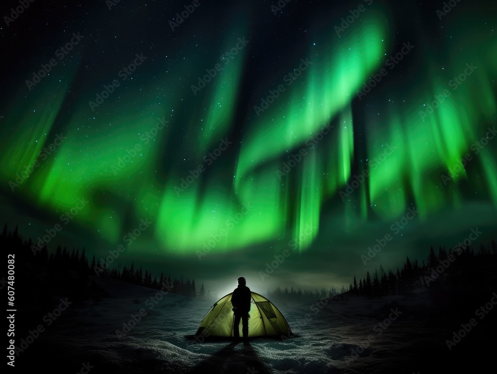 A man camping in wild northern mountains with an illuminated tent ...