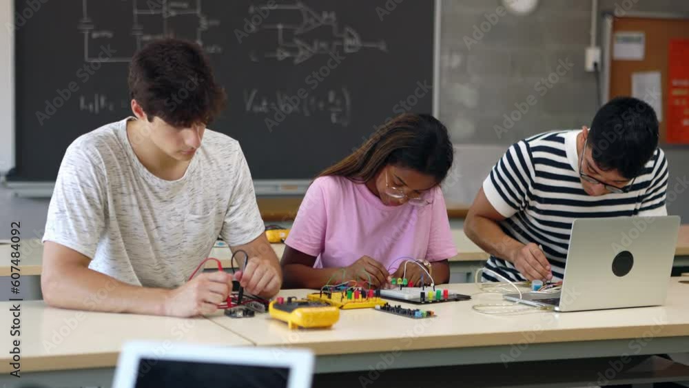 Diverse high school students group working on electronic project in science robotics lesson ...