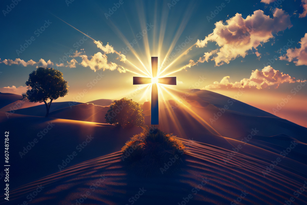 The cross of God in the rays of the sun. Cross on the hill. Religious ...