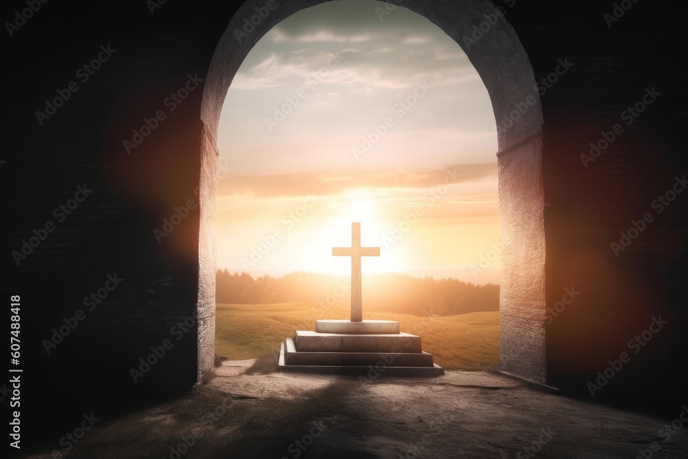 Easter Sunday concept: Tomb empty with cross on sunset background, Generative AI Stock ...