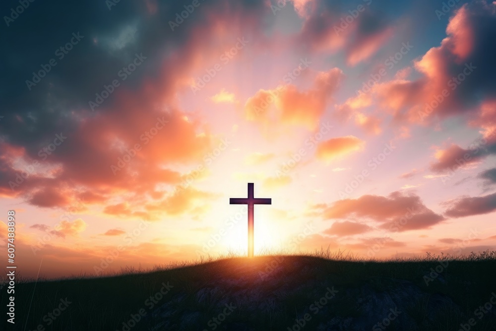 Easter concept: Concept : cross on sunset sky background, Generative AI ...