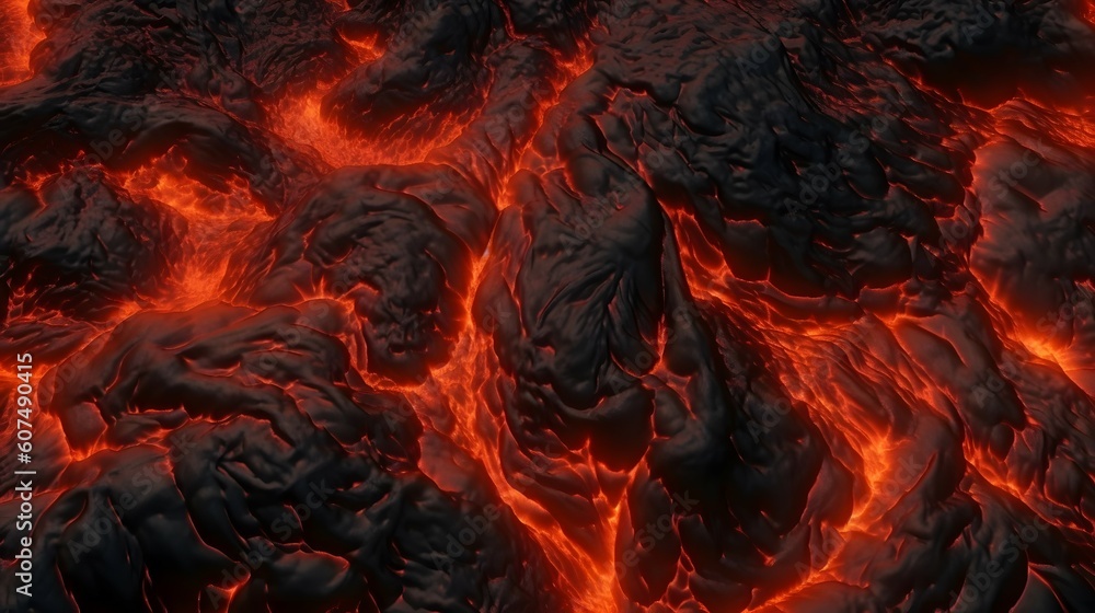 Seamless molten lava and melting volcanic rock background texture. Tileable red orange liquid ...