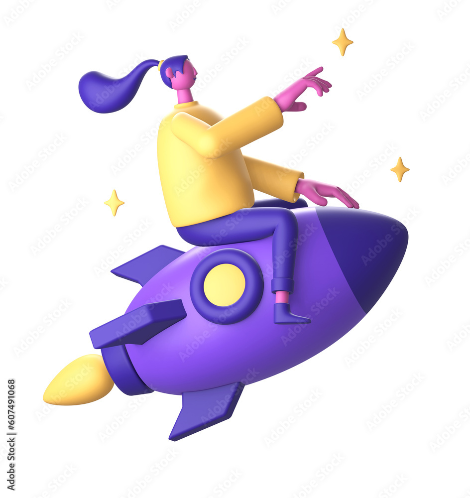3D Character riding spaceship rocket with star for UI UX web mobile ...