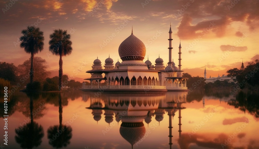 islamic background with moon lanterns and mosque for ramadan eid ul ...