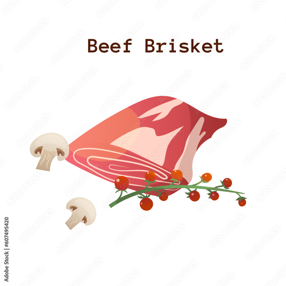 Beef brisket steak fresh meat. Cartoon steak with tomato and mushrooms ...