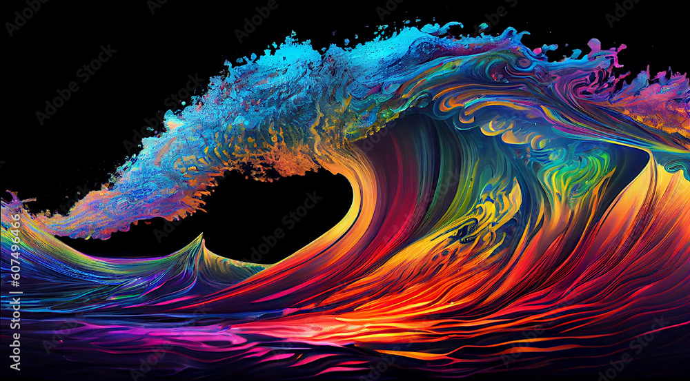 Iridescent waves, strange trippy rainbow liquid ocean flowing glowing ...