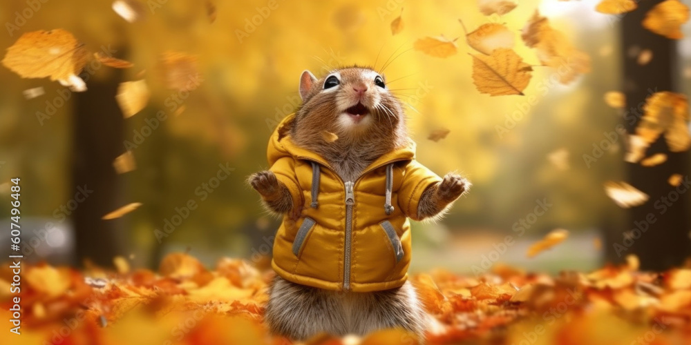 Photorealistic chipmunk wearing yellow rain coat catching yellow autumn ...