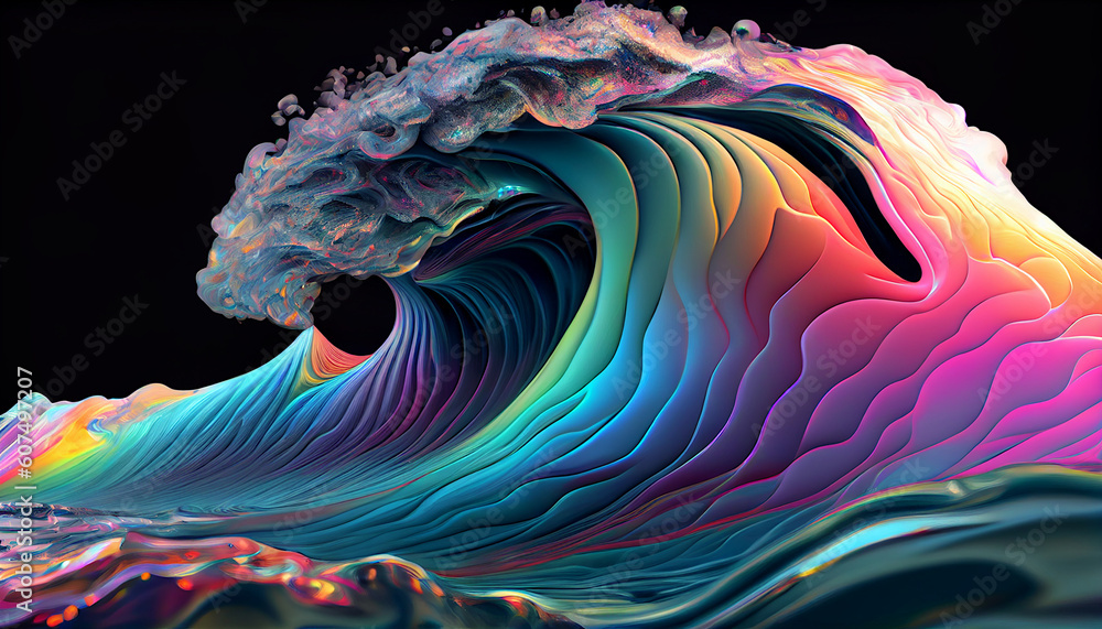 Iridescent waves, strange trippy rainbow liquid ocean flowing glowing ...