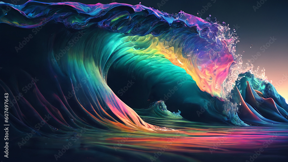 Iridescent waves, strange trippy rainbow liquid ocean flowing glowing ...
