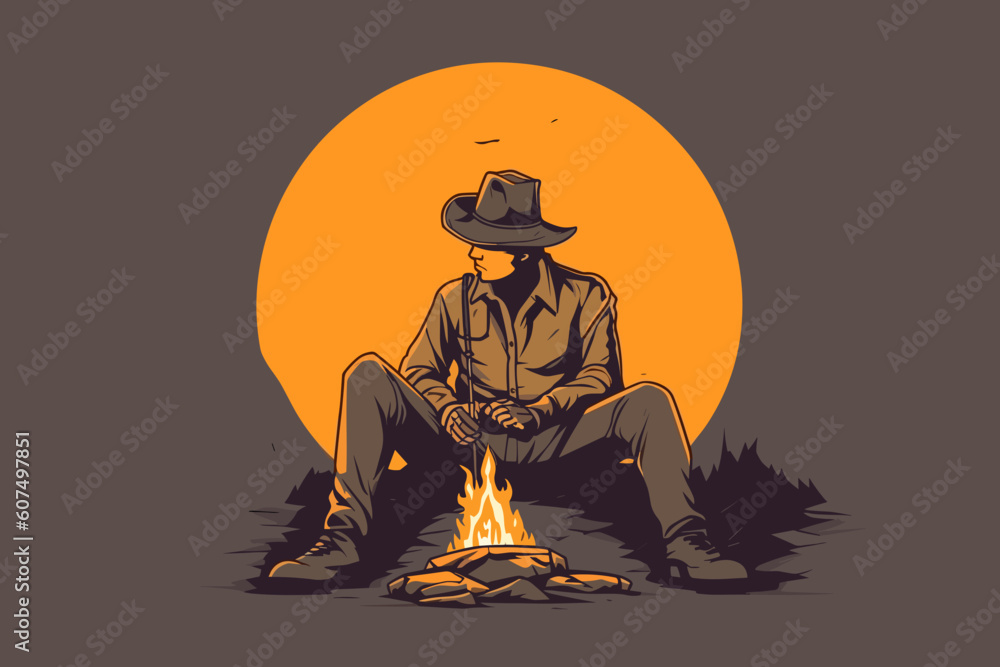Doodle inspired Cowboy setting up a campfire, cartoon sticker, sketch ...