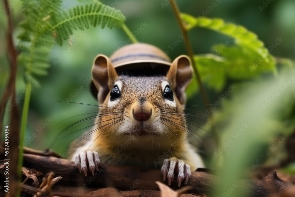 The chipmunk wearing a safari hat, peeking out from a dense jungle ...