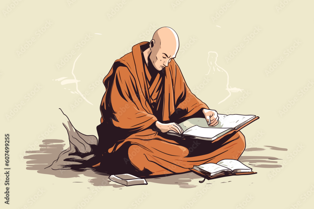 Doodle inspired Monk studying scriptures, cartoon sticker, sketch, vector, Illustration Stock ...