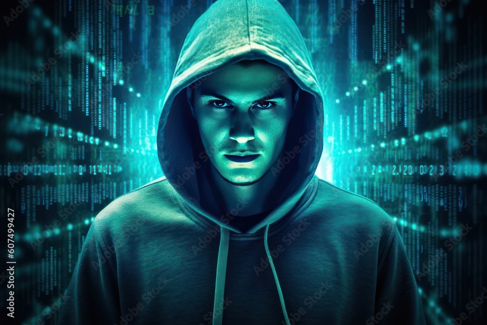 Hacker in hoodie dark theme Hacker in a blue hoody standing in front of a coding background with ...