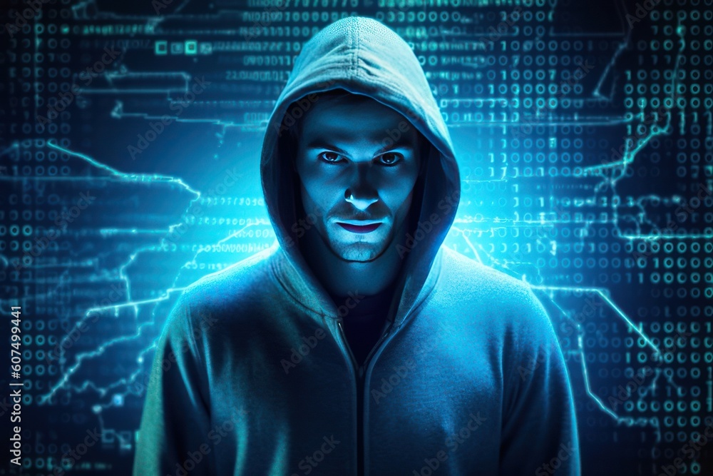 Hacker in hoodie dark theme Hacker in a blue hoody standing in front of ...