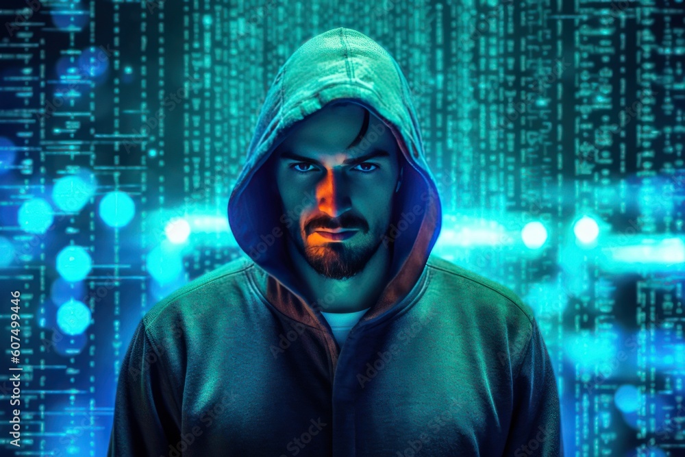 Hacker in hoodie dark theme Hacker in a blue hoody standing in front of a coding background with ...