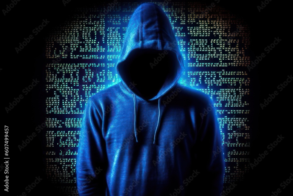 Hacker In Hoodie Dark Theme Hacker In A Blue Hoody Standing In Front Of