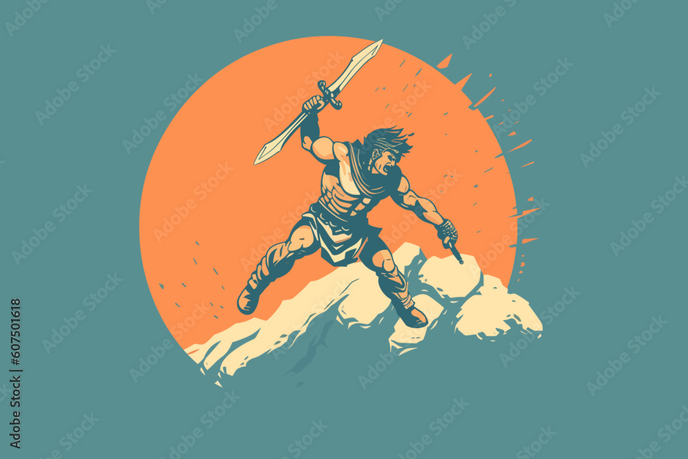 Doodle inspired Barbarian jumping into battle, cartoon sticker, sketch ...