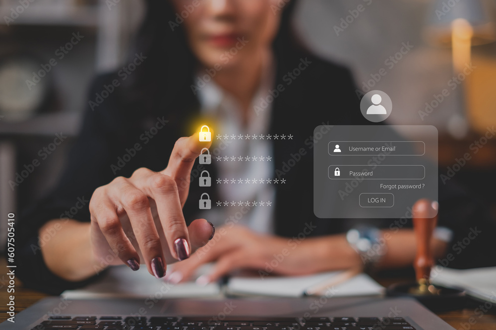 Hand pointing at lock sign password. Concept of Log in safety ...