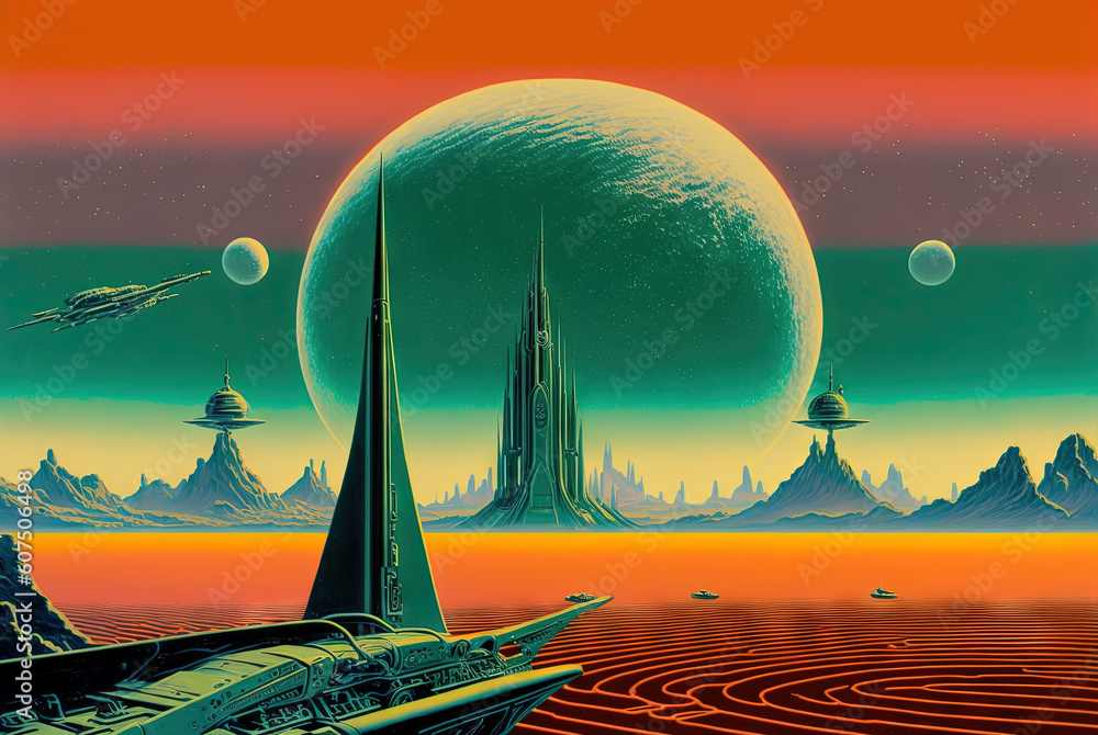 Retrofuturistic landscape in 80s sci-fi style. Retro science fiction ...