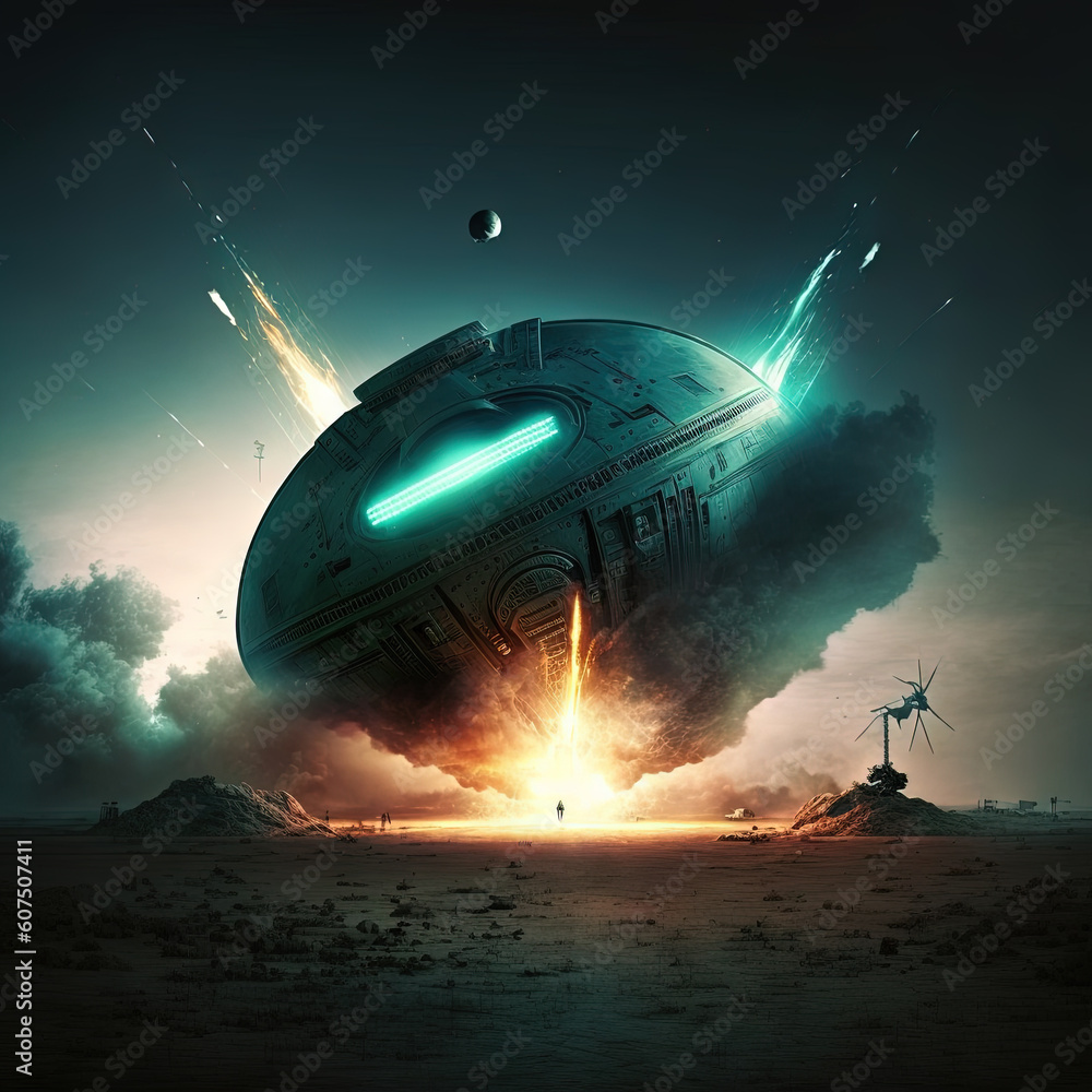 Spaceship crash landing during the battle with laser rays. Alien ...
