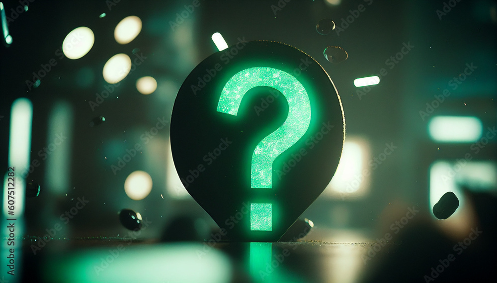 Shiny green question mark in a circle, beautiful blurry light spots ...