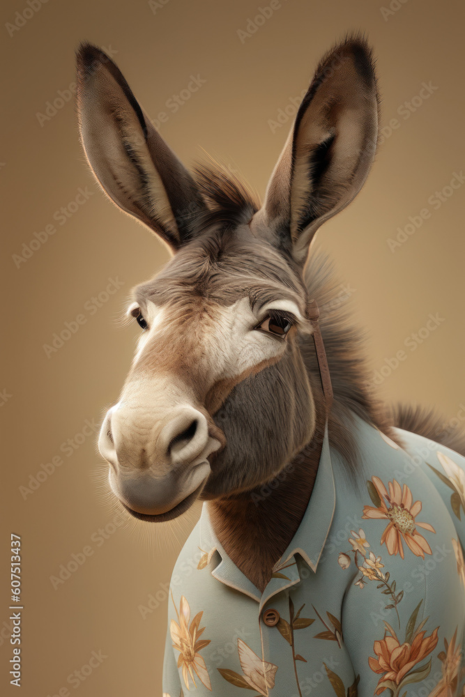 Anthropomorphic donkey dressed in human clothing. humanized animal ...