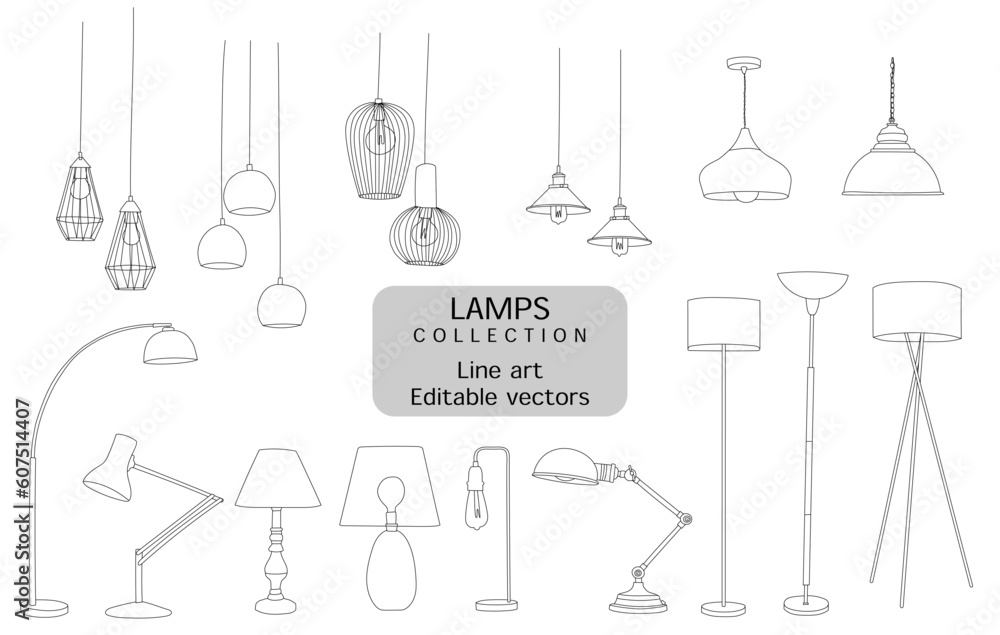 Collection of editable lamp line drawn illustrations in Illustrator ...