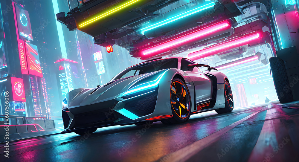 Electric supercar in futuristic city, fantastic sci fi modern sports car design. Generative Ai ...