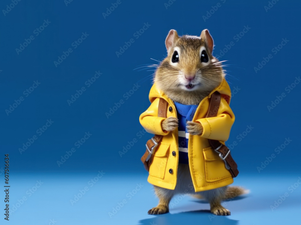 Back to school. Funny chipmunk wearing a coat and backpack standing ...