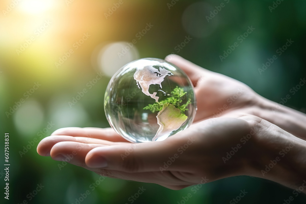 ESG environment social governance concept. Hand - holding crystal globe ...