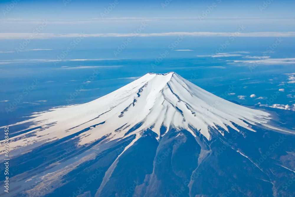 Top view of the Japan icon Mt Fuji from the airplane. Mt. Fuji seen ...