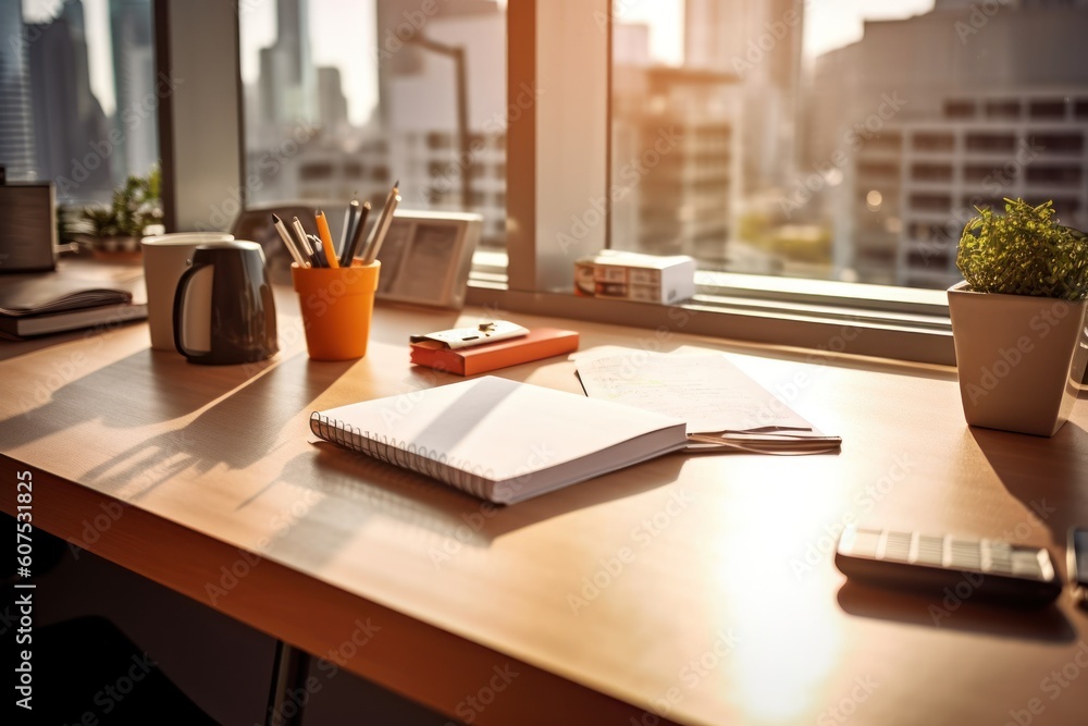 stock photo of office table in cubicle desk and stuff tools equipment ...