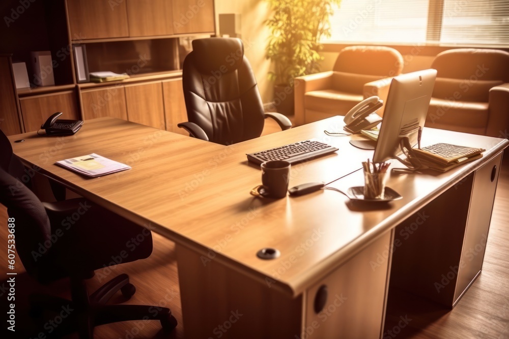 stock photo of office table in cubicle desk and stuff tools equipment ...