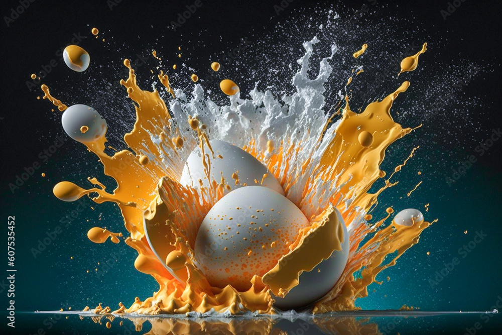Eggs explosion with splash and wave concept art. Detailed, creative art ...