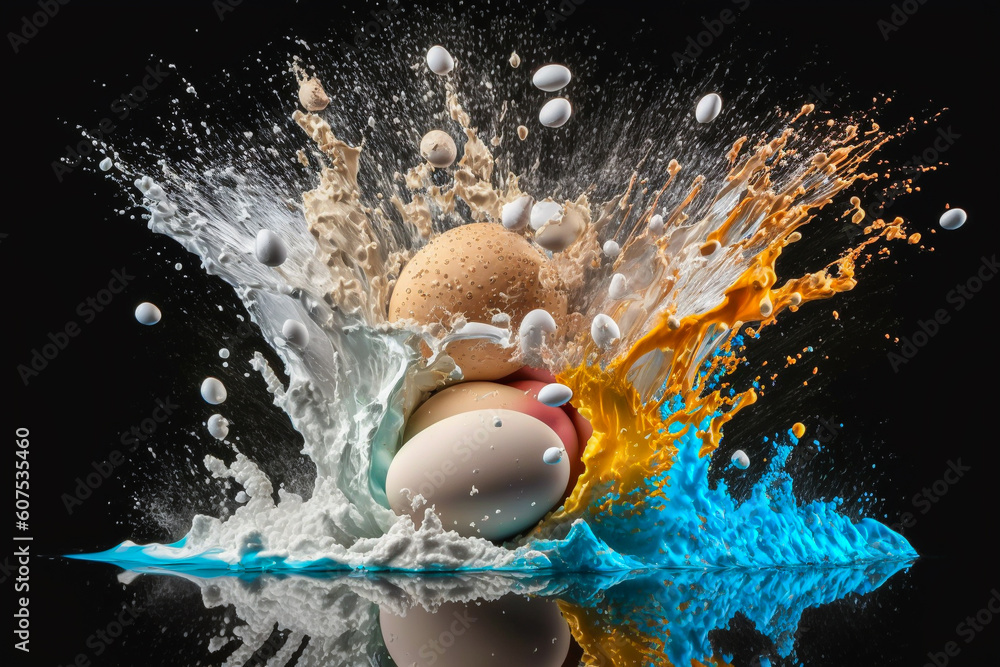 Eggs explosion with splash and wave concept art. Detailed, creative art ...