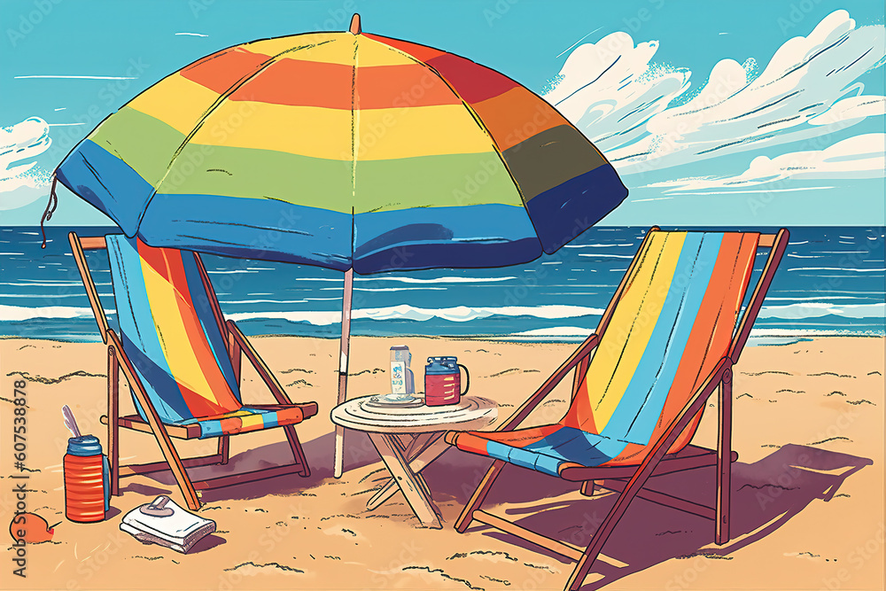Generative AI illustration of cartoon rainbow beach umbrella placed on ...