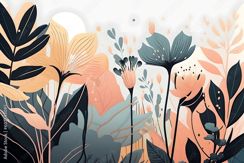 Abstract art background vector. Hand drawn watercolor flowers and line ...