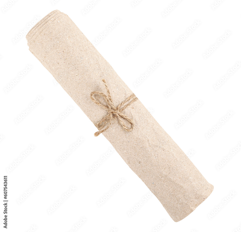 Rolled up scroll of old paper tied with rope, transparent background ...