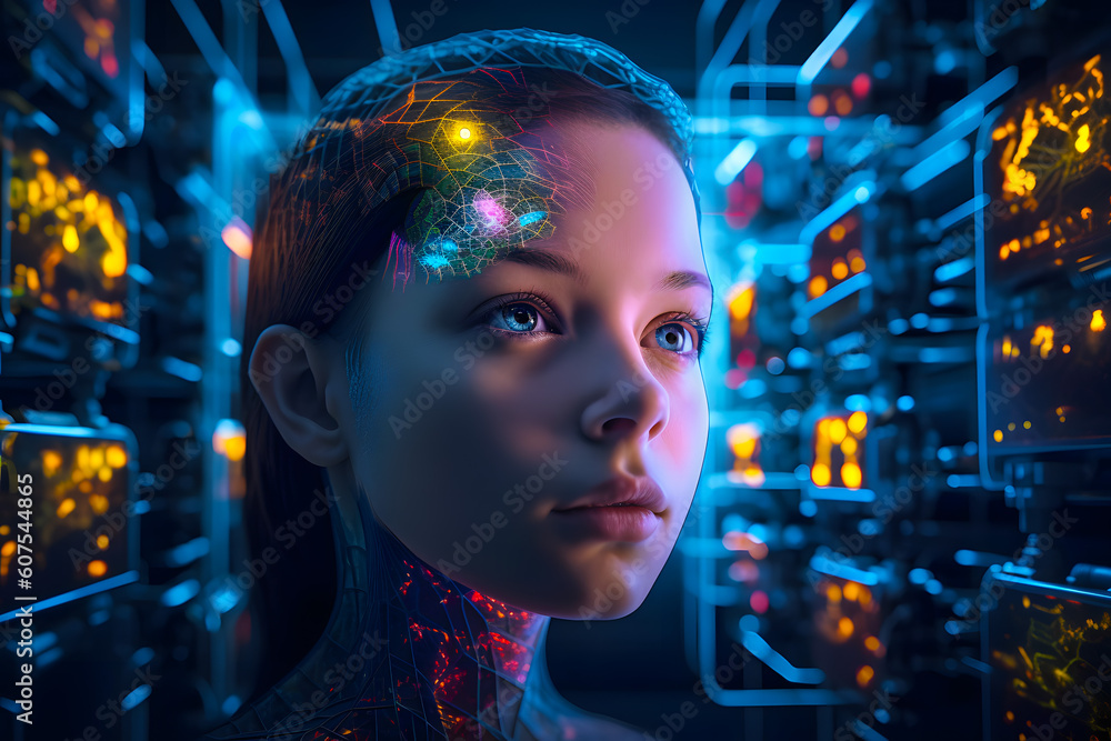 Profile of girl face head connected by neurons to a computer processor ...