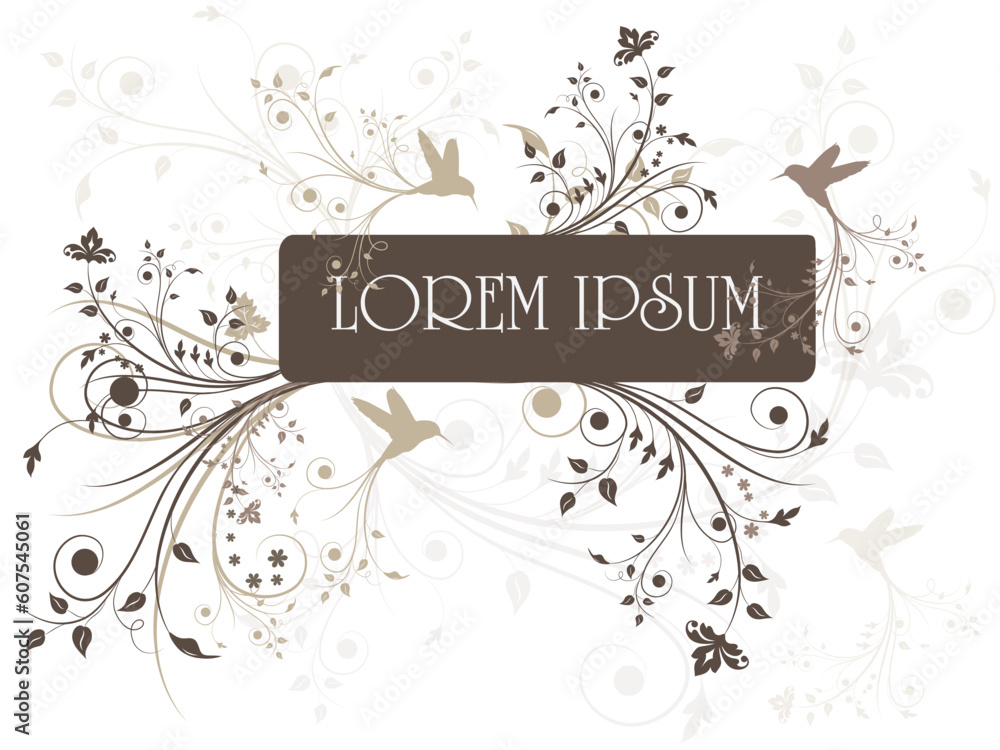 Abstract floral frame with hummingbirds and curvy, flower design ...