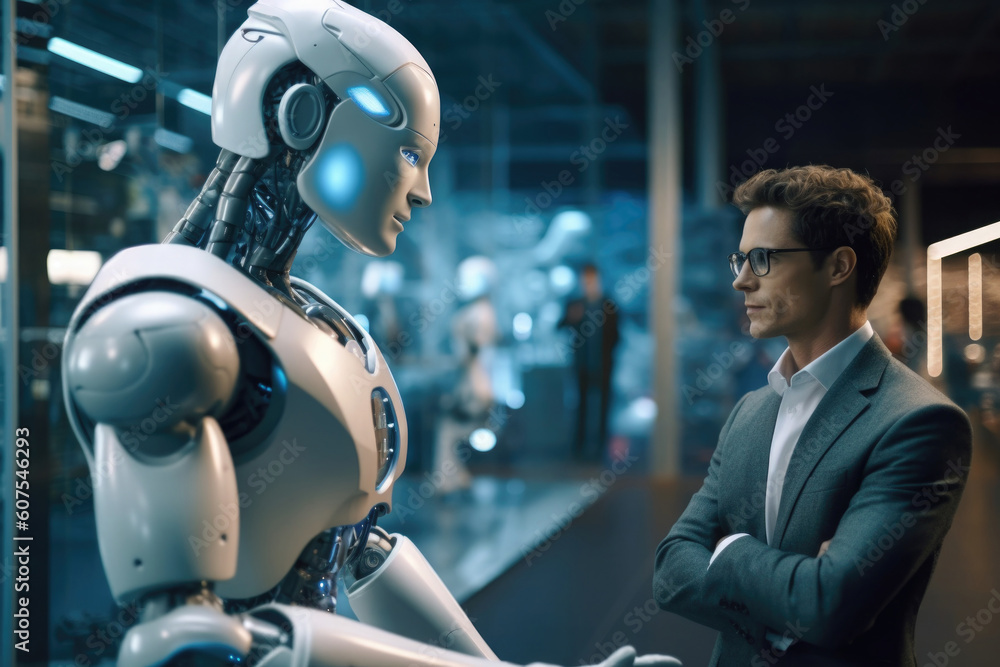 Person is talking to robot. Interaction of artificial intelligence and ...