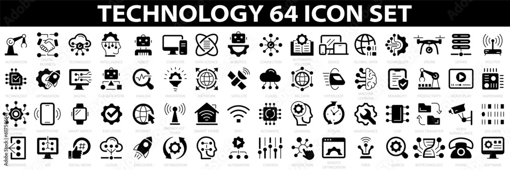 Technology 64 icon set. Concept factory of the future ai, robot, iot ...