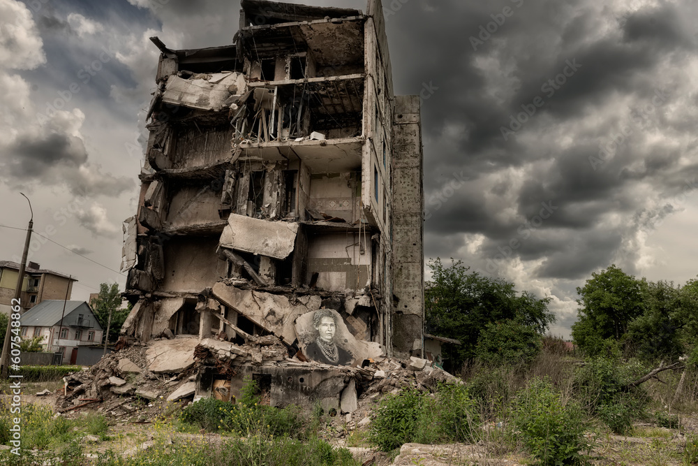 The building of a multi-storey residential building after being hit by ...