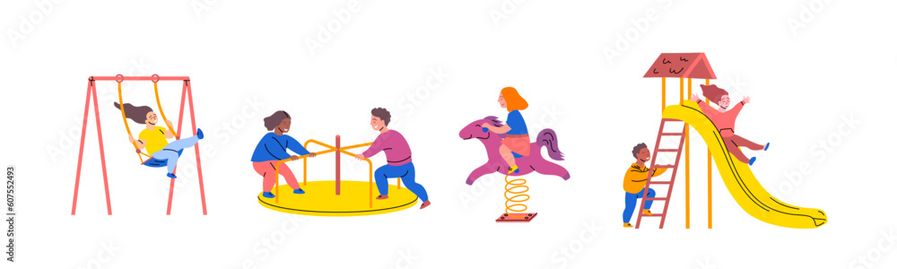 Cartoon Color Characters Kids Playing on Playground Set Kindergarten or ...