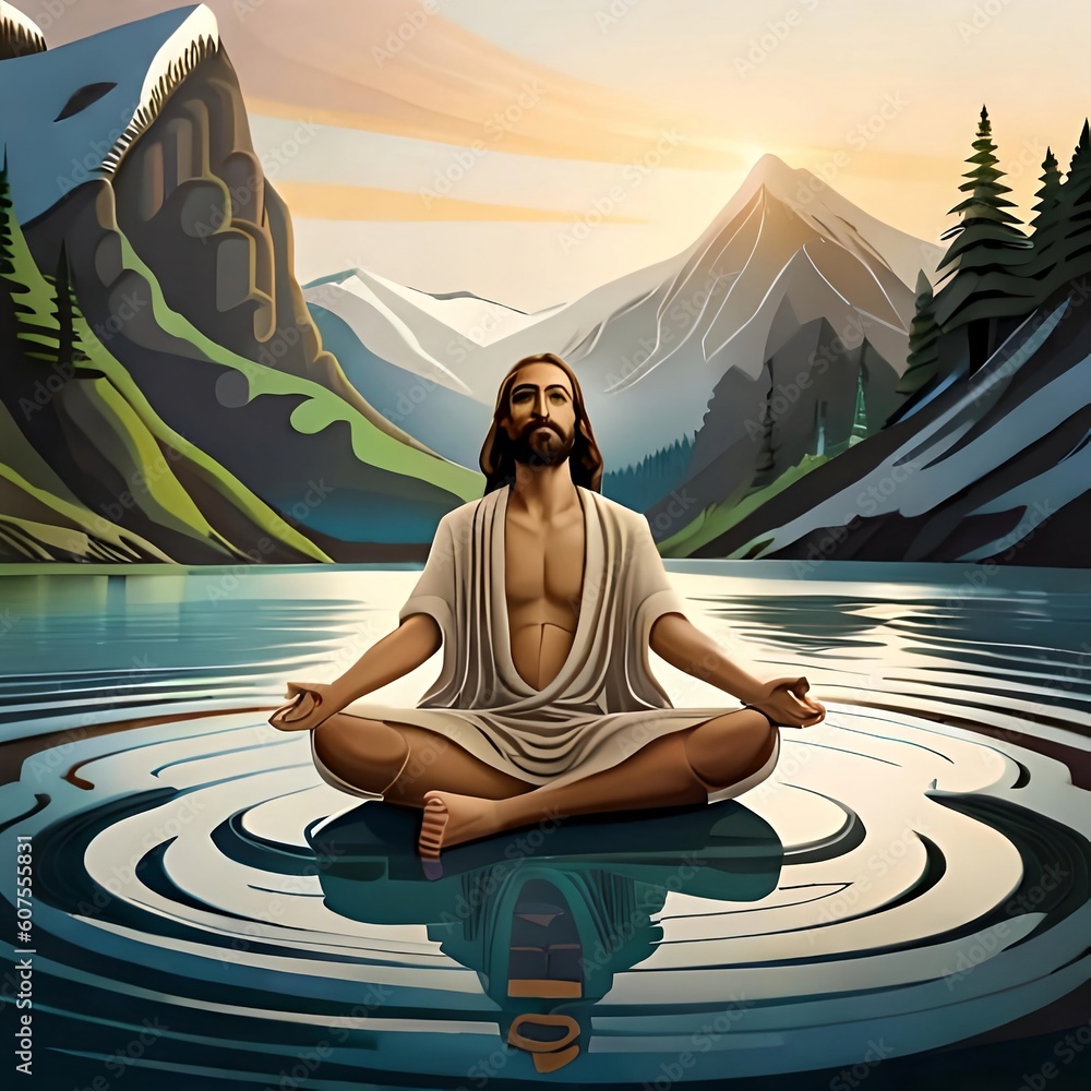 Paper Art of Jesus meditating on a lake with mountains in the landscape ...
