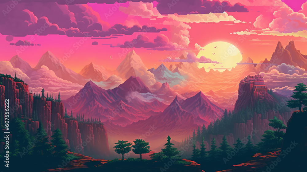 8-bit game background nostalgic landscape. Pixelated mountains, forests ...