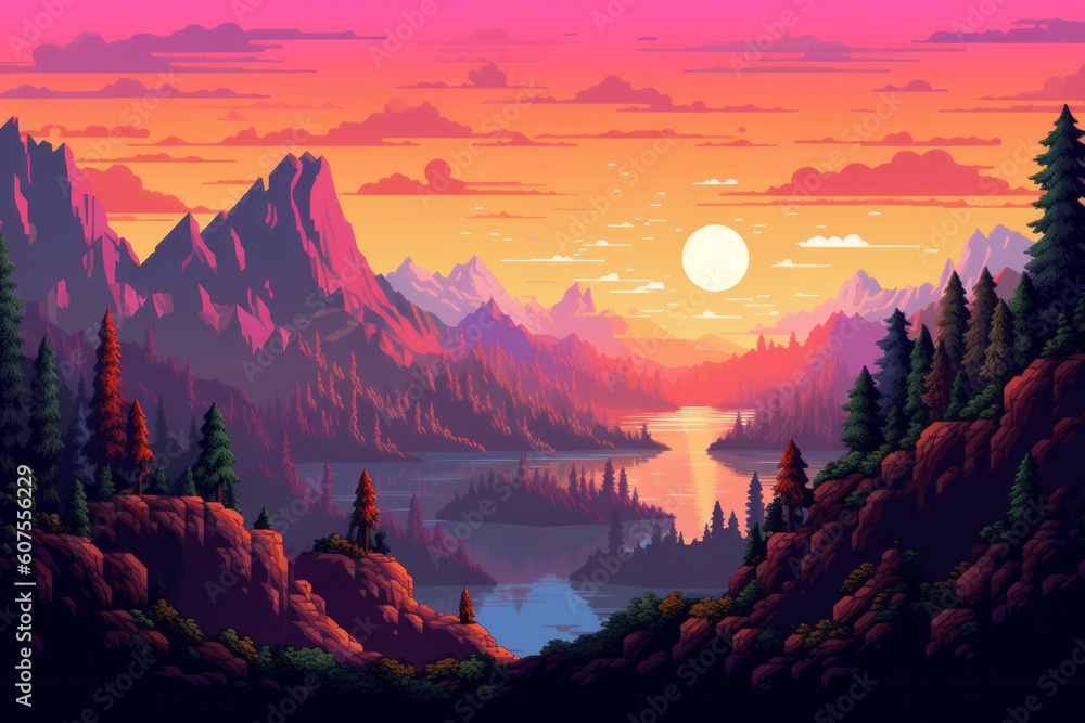 8-bit game background nostalgic landscape. Pixelated mountains, forests ...